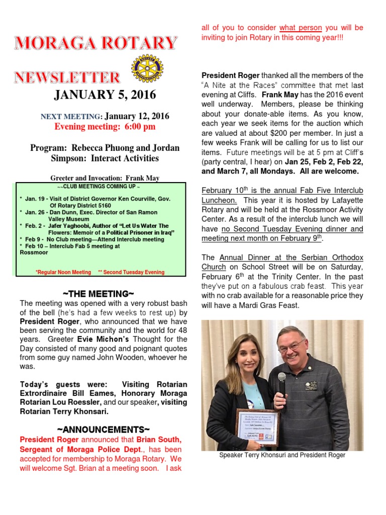 Moraga Rotary Newsletter For Jan 5, 2016 | PDF | Business