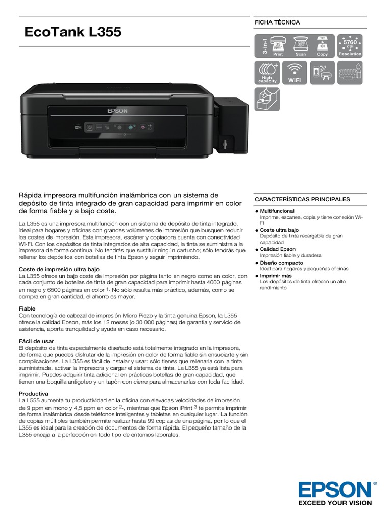 EcoTank L355 Ficha Técnica | PDF | Impresora (Computación) | Tecnología ...