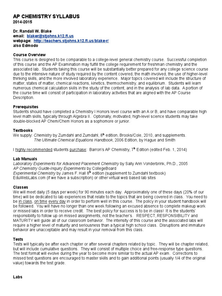 AP Chemistry Course Syllabus 2014-2015 | PDF | Chemical Equilibrium ...