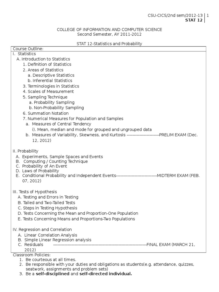 CSU Statistics Course Outline and Key Concepts | PDF | Arithmetic Mean ...