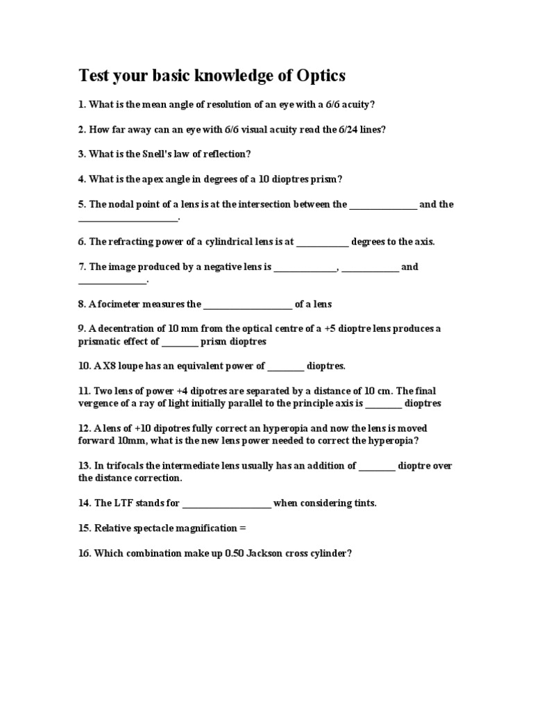 Optics Knowledge Quiz | PDF | Lens (Optics) | Prism