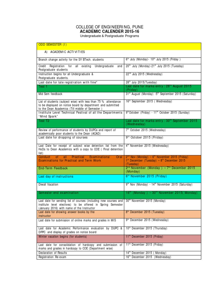 COEP Academic Calendar 2015-16 | PDF | Academic Term | Thesis
