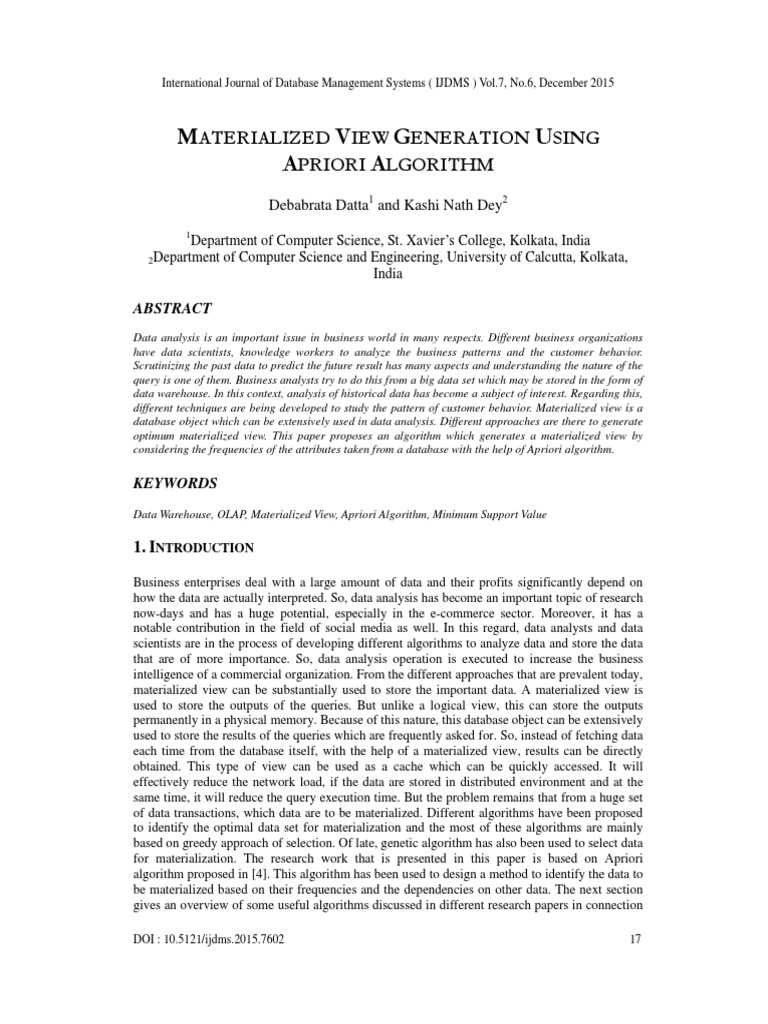 Materialized View Generation Using Apriori Algorithm | PDF | Data Warehouse | Databases