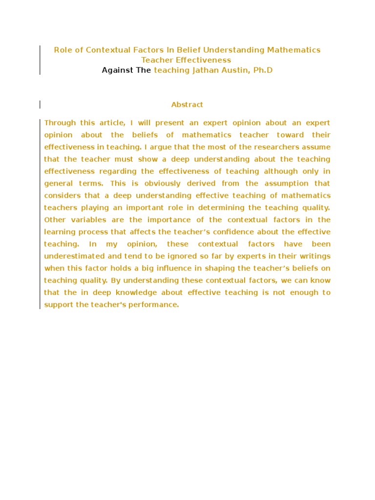 Contextual Factors in Math Teacher Beliefs | PDF | Wellness