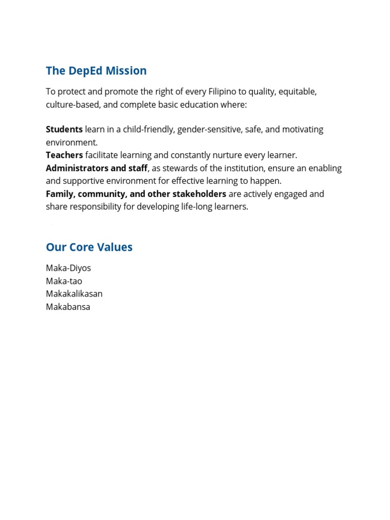 DepEd Mission and Core Values Explained | PDF