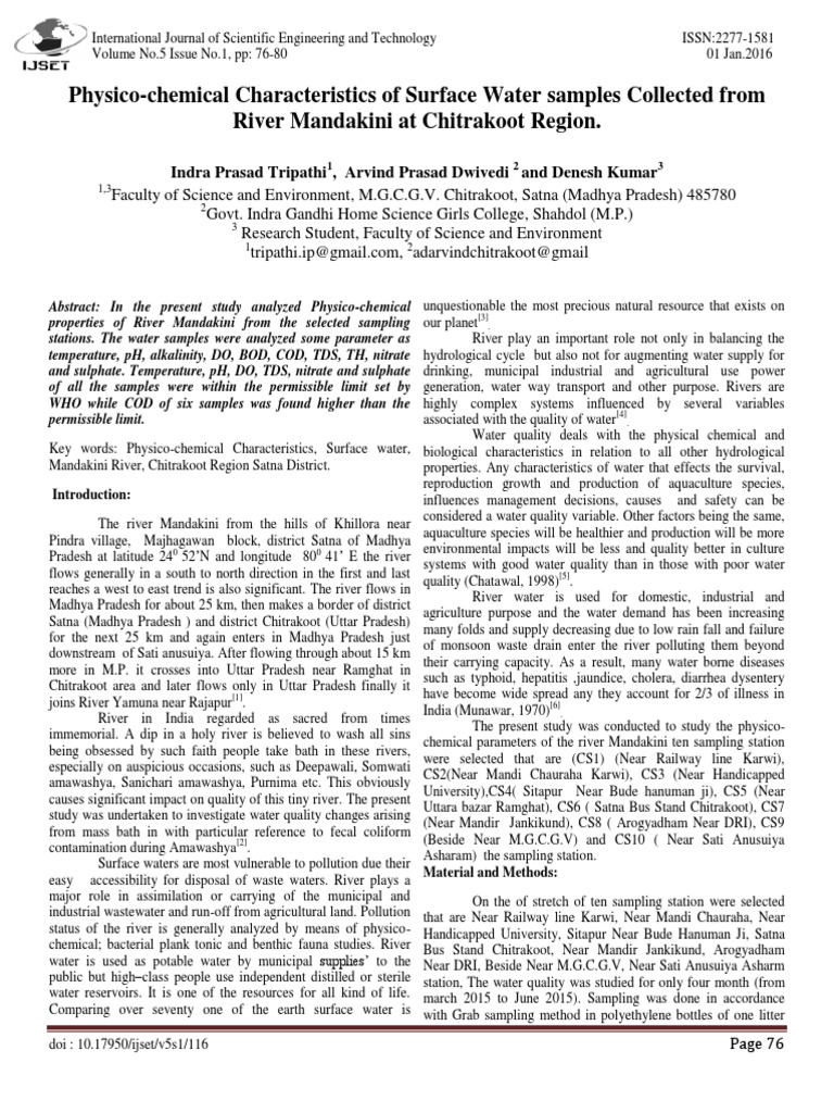 Physico-Chemical Characteristics of Surface Water Samples Collected ...