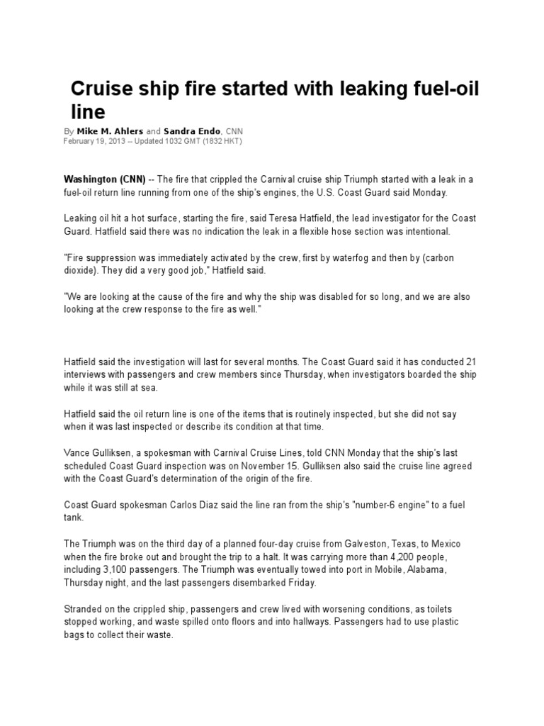 2013 - 02 Cruise Ship Fire Started With Leaking Fuel-Oil Line | PDF ...