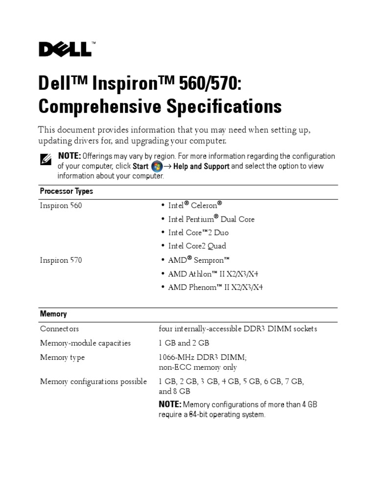 Dell™ Inspiron™ 560/570: Comprehensive Specifications | PDF | Advanced ...
