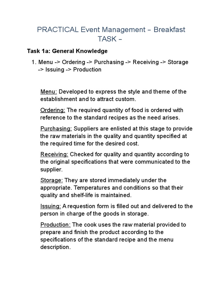 PRACTICAL Event Management - Breakfast Task - : Task 1a: General ...