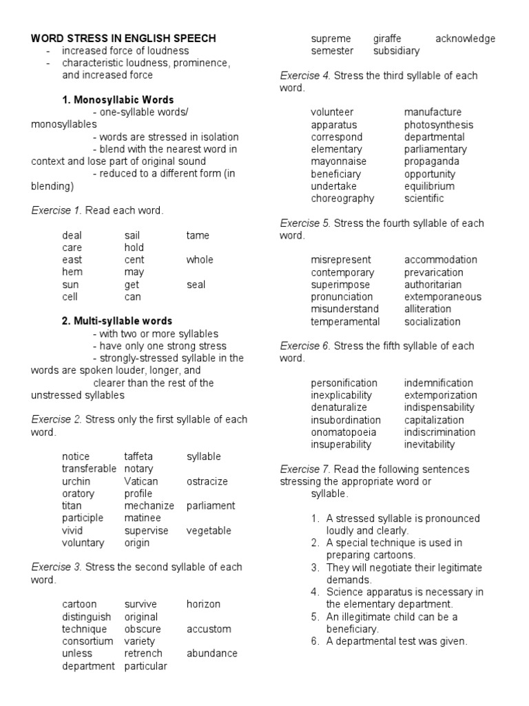 Word Stress | PDF | Stress (Linguistics) | Noun