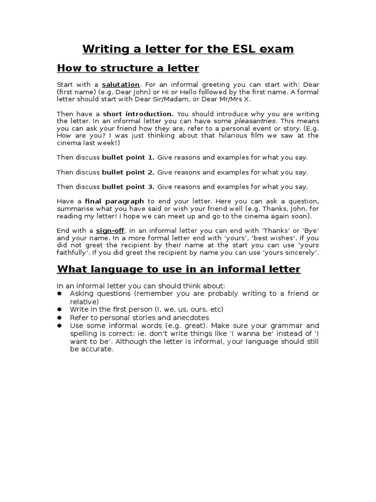 Writing A Letter For The ESL Exam | PDF | Language Arts & Discipline ...