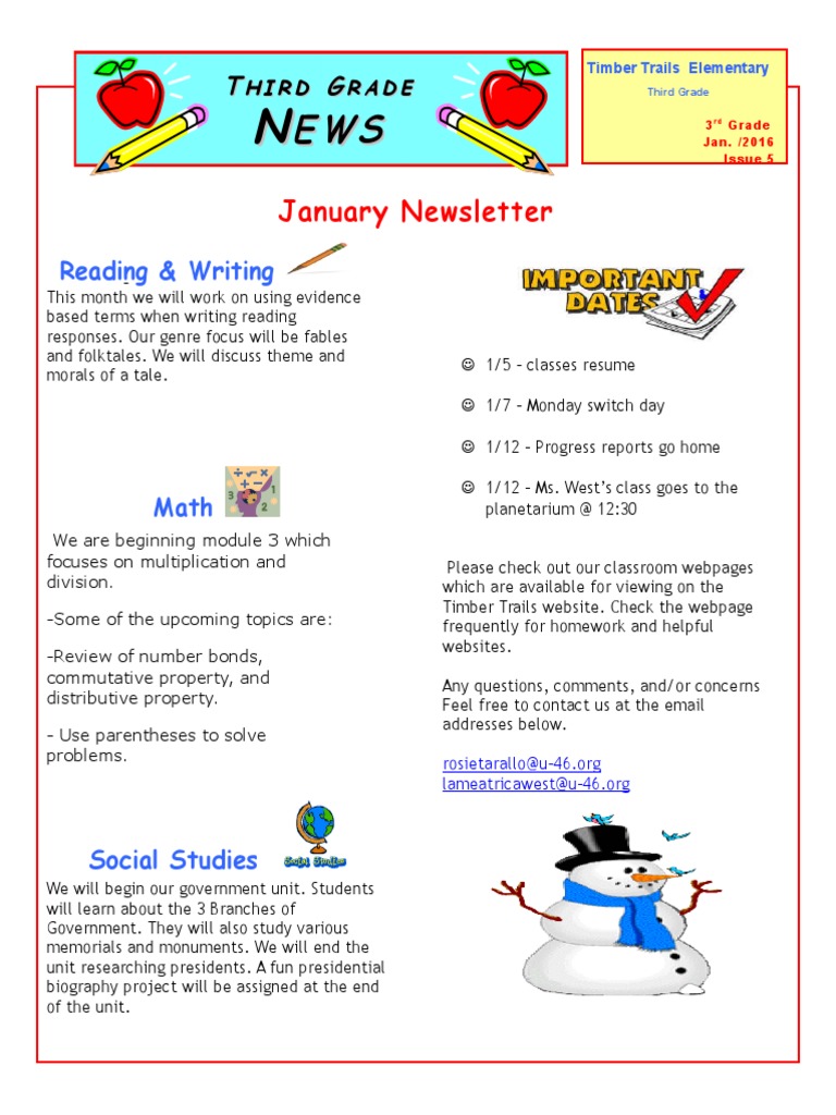 January Newsletter for Third Grade | PDF | Language Arts & Discipline ...