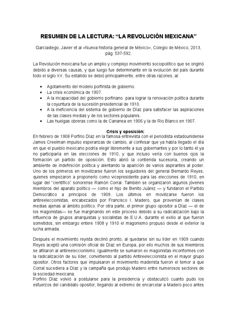 Resumen de La Lectura La Revolución Mexicana de Garciadiego | PDF | revolución mejicana | México