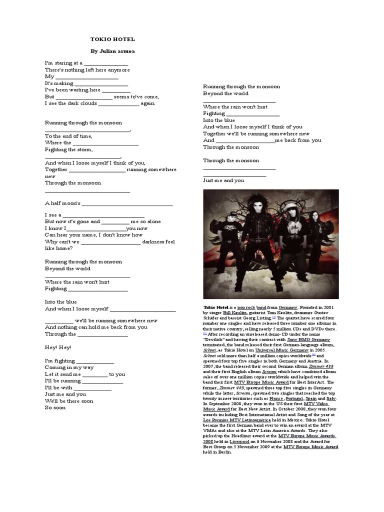 Tokio Hotel (Monsoon Script) | PDF | Music Industry | Music Media