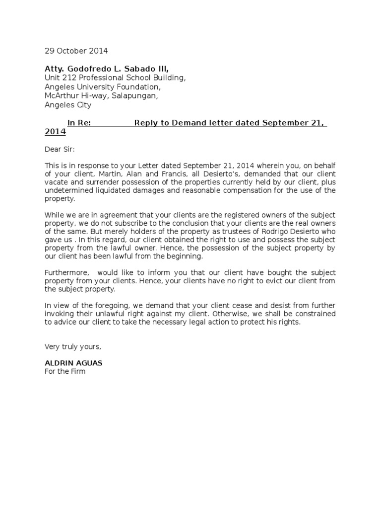 Response to Demand Letter for Property | PDF