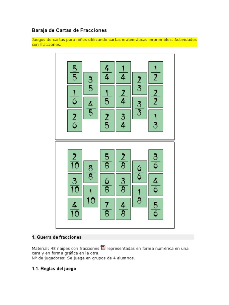 Baraja de Cartas de Fracciones- Juegos e Instrucciones | Jugando a las ...