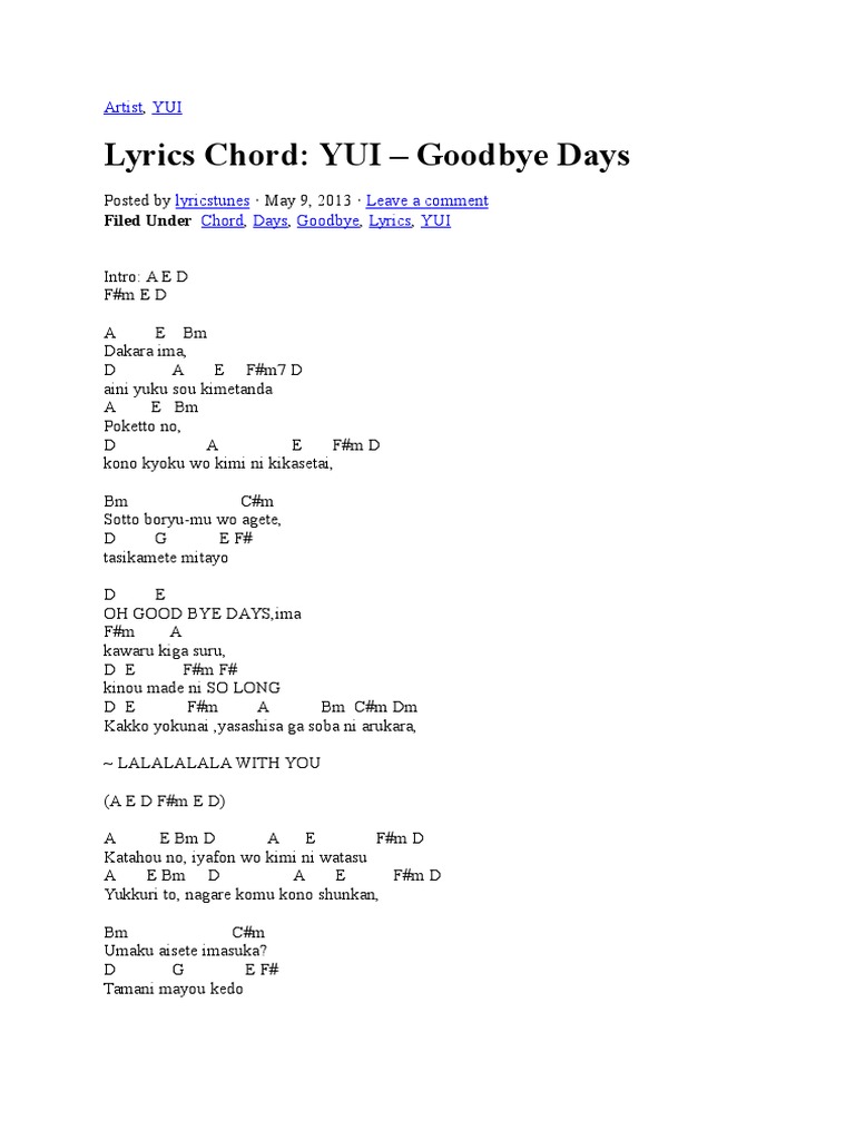 YUI Goodbye Days Chords and Lyrics | PDF | Language Arts & Discipline ...