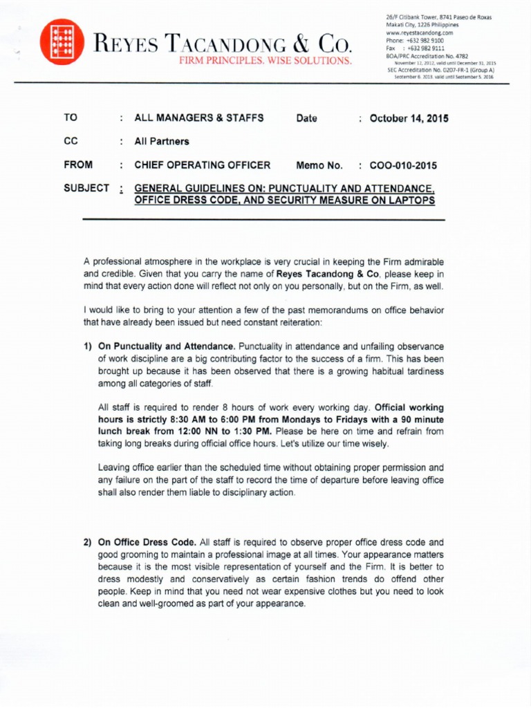 Memo On Punctuality, Dress Code | PDF