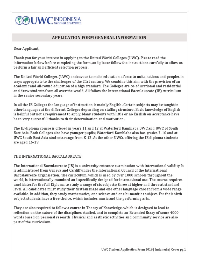UWC 2016 Application Section A | PDF | Schools | Teaching And Learning
