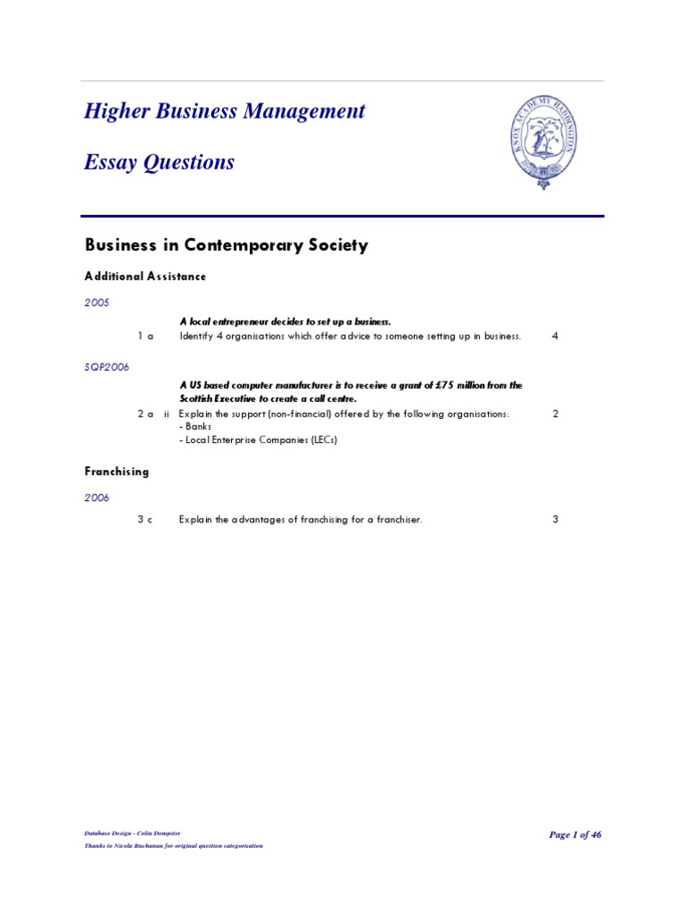Higher Business Management Exam Essay Qs | PDF | Employment | Decision ...