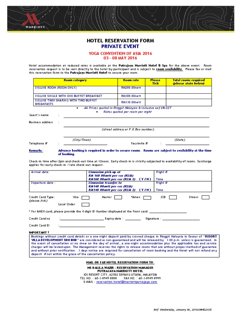 Putrajaya Marriott Hotel Reservation Form | PDF | Service Industries | Payments