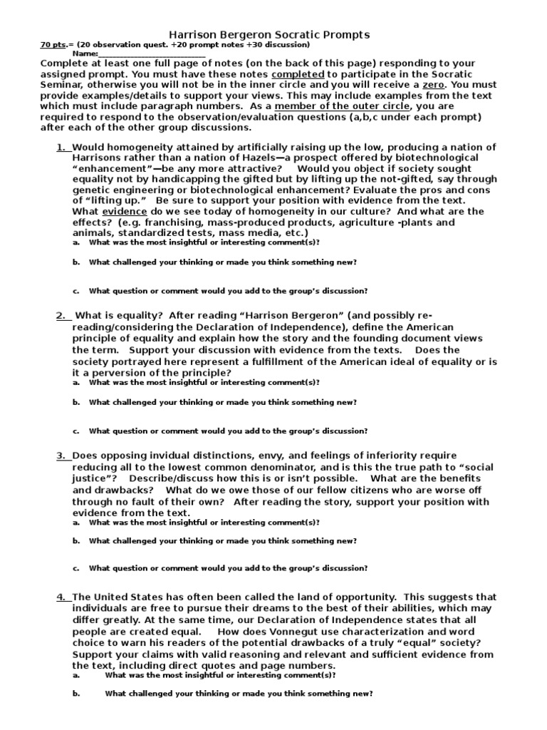 Harrison Bergeron Socratic Prompts | PDF | Egalitarianism ...