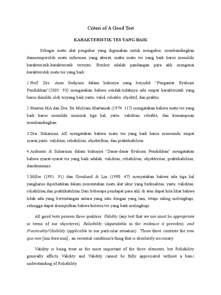 Criteria of A Good Test | PDF | Validitas (Statistik) | Pengujian