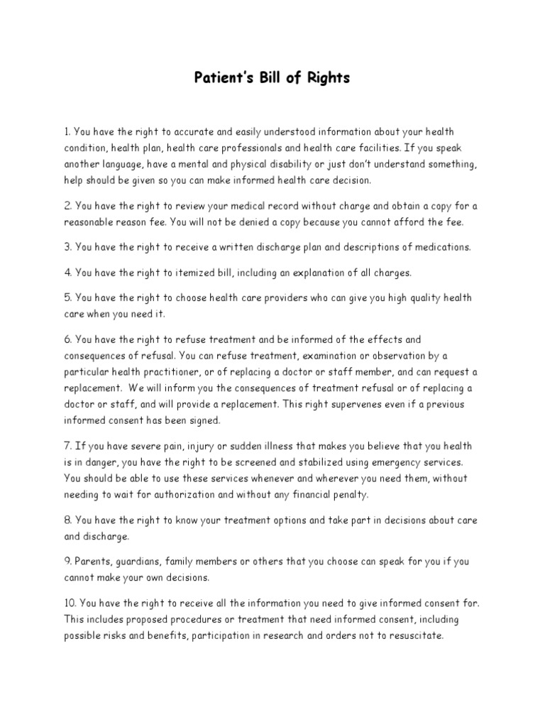 Patient Bill of Rights | PDF | Informed Consent | Medical Ethics