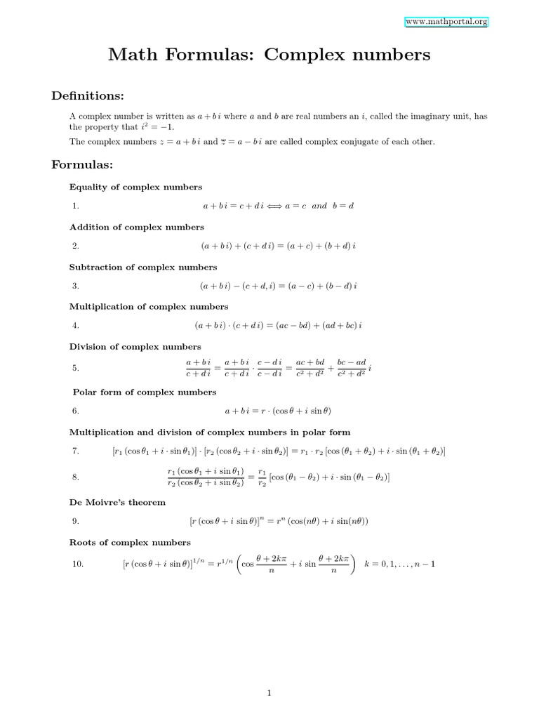 Complex Numbers Formulas | PDF