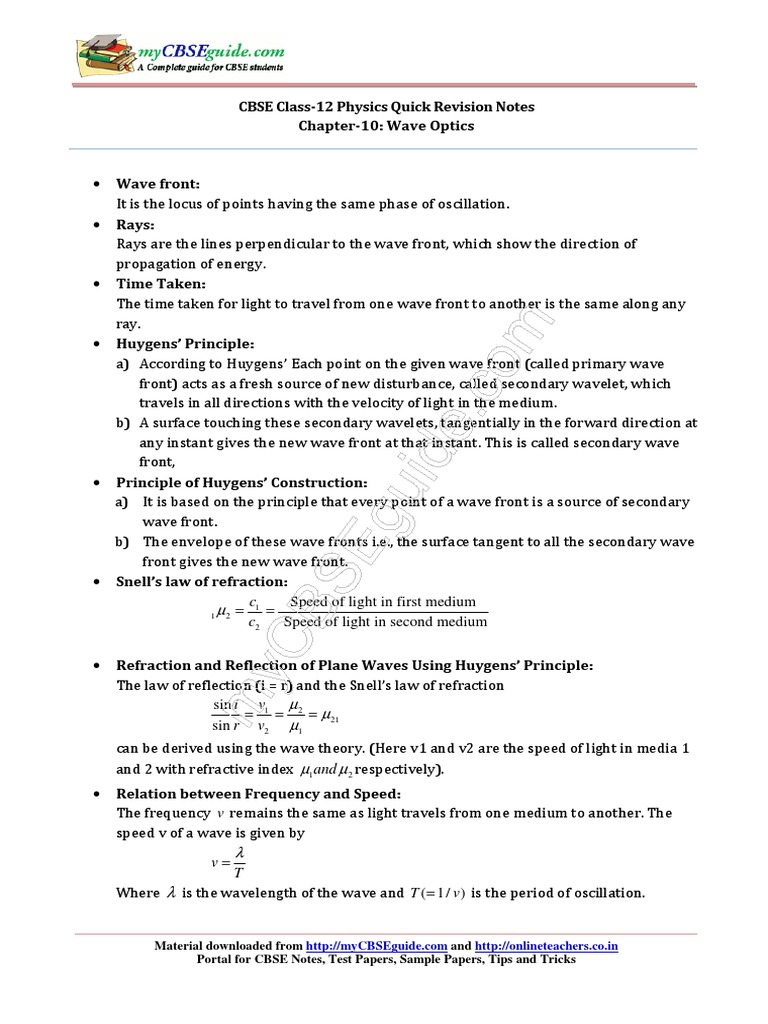 CBSE Class-12 Physics Quick Revision Notes on Wave Optics | PDF ...