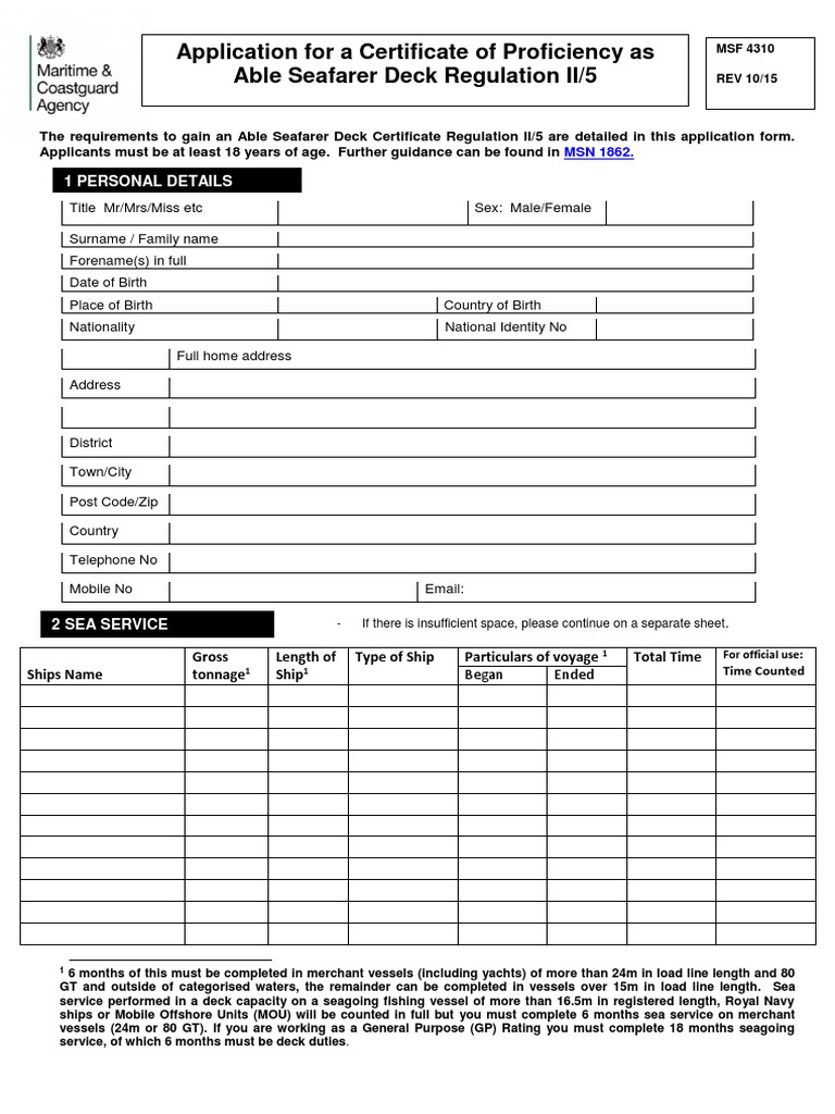 Able Seafarer Deck Application Form | PDF | Sailor | Ships