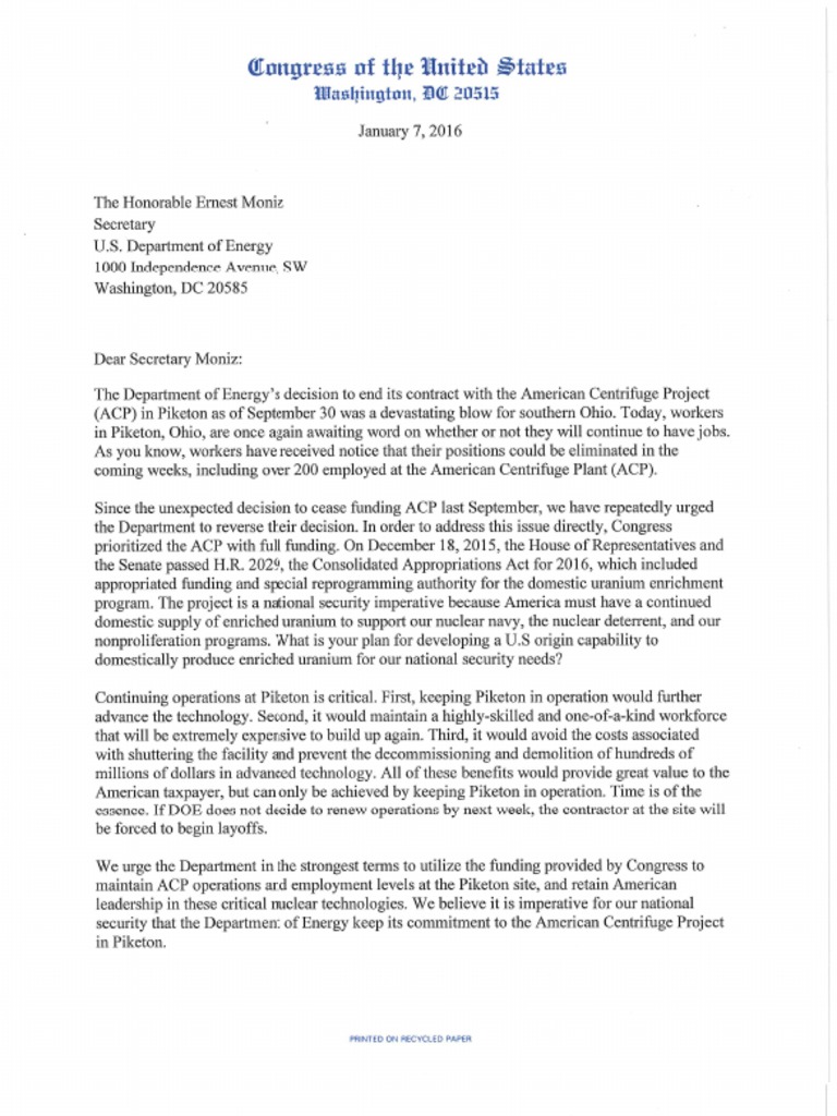 Wenstrup Letter To DOE | PDF