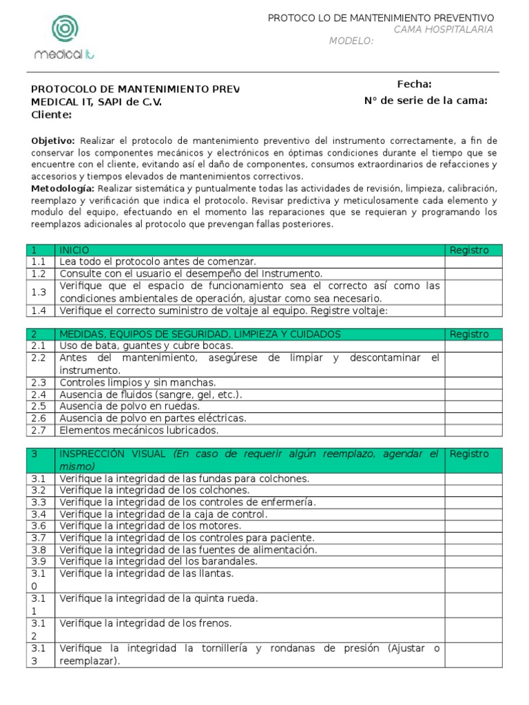 Protocolo de Mantenimiento Preventivo - Camas | PDF | Science | Ingeniería