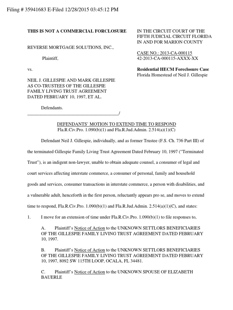 Defendants' Motion To Extend Time To Respond | PDF | Foreclosure | Virtue
