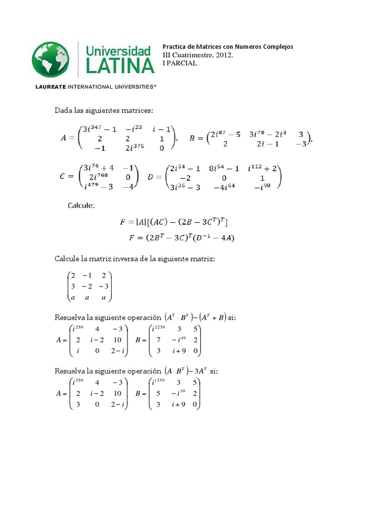 Practica de Matrices Con Numeros Complejos PDF | PDF | Ciencia y ...