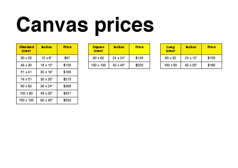 Canvas Print Size and Pricing Guide | PDF