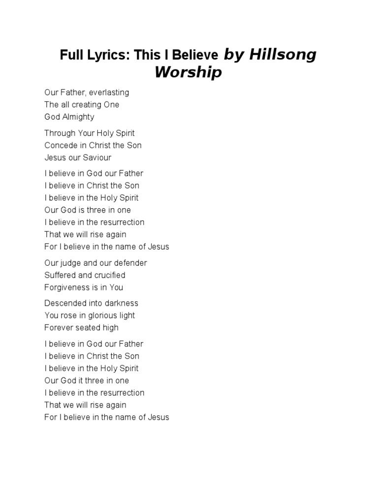 By Hillsong Worship: Full Lyrics: This I Believe | PDF