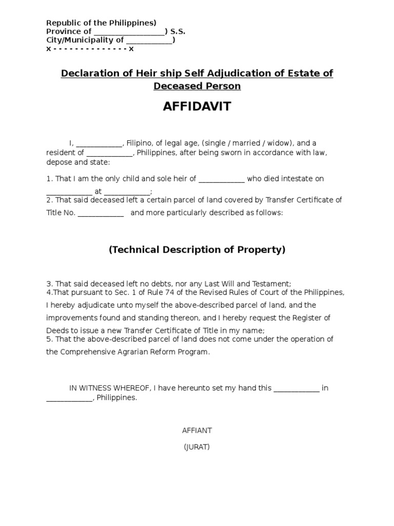 Affidavit: Declaration of Heir Ship Self Adjudication of Estate of ...