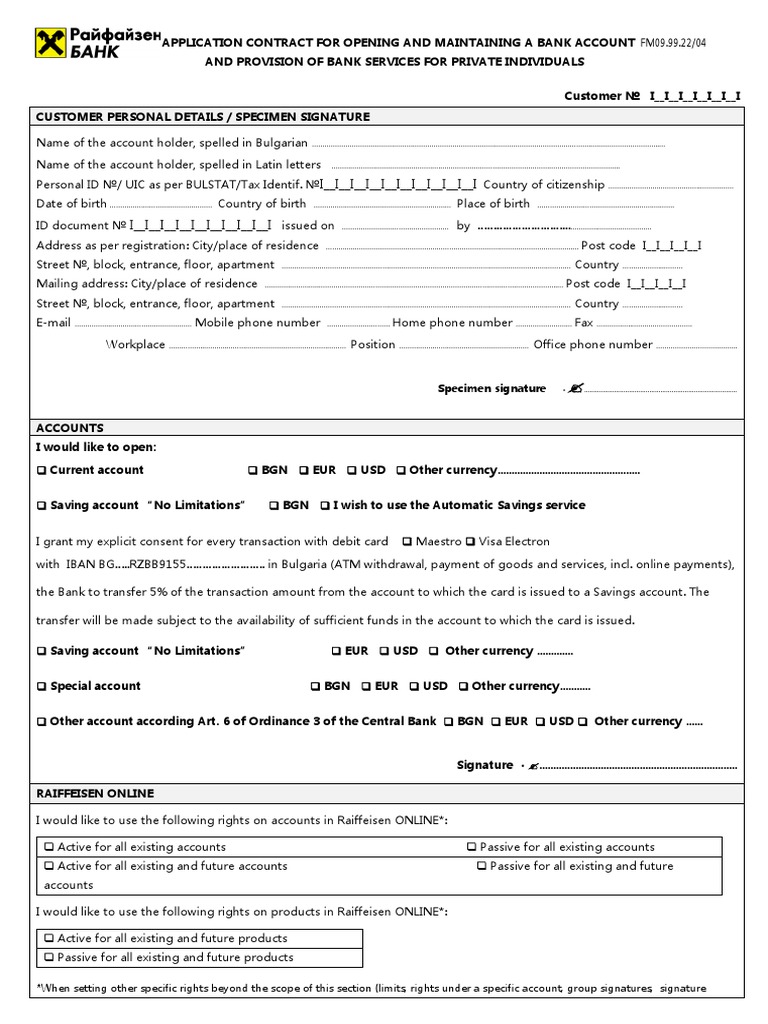 Application for Opening Bank Accounts, Enrolling in Online Banking ...