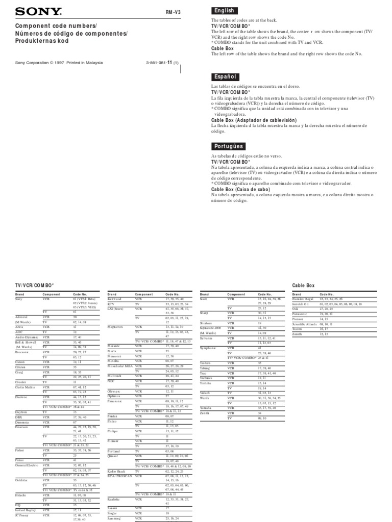 Sony Control Remoto Universal Rm-V3 - Codes | PDF | Medios de ...