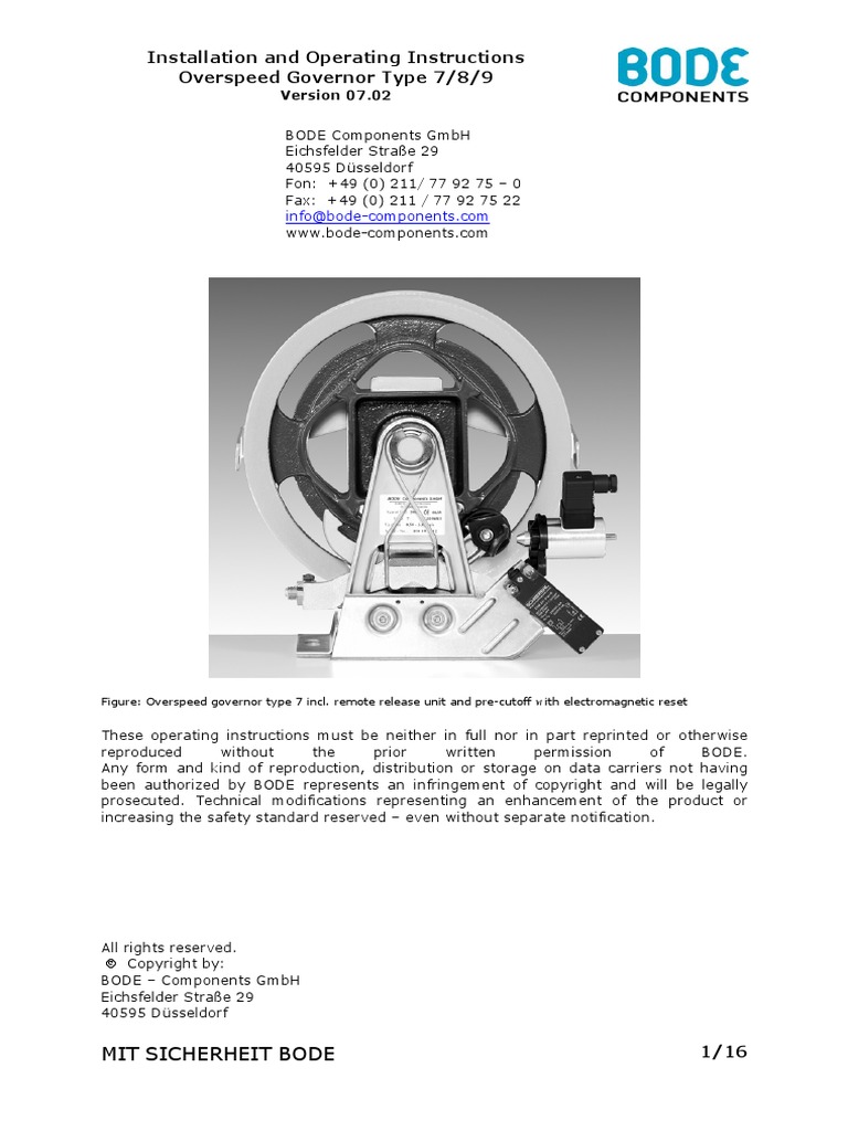 Installation and Operating Instructions Overspeed Governor Type 7/8/9 ...