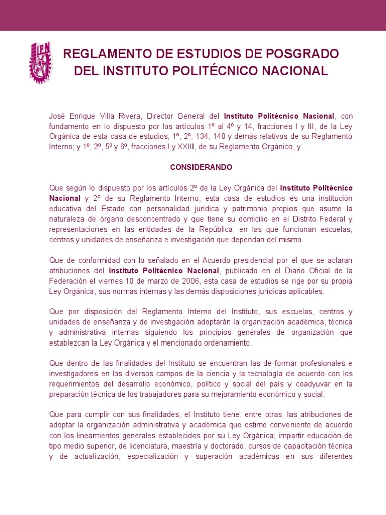 Reglamento de Estudios de Posgrado IPN. | PDF | Titulo academico | Doctorado