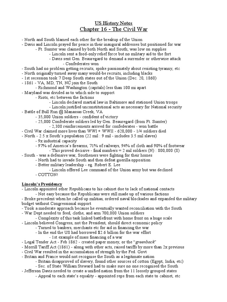 Chapter 16 - The Civil War: US History Notes | PDF | Confederate States ...
