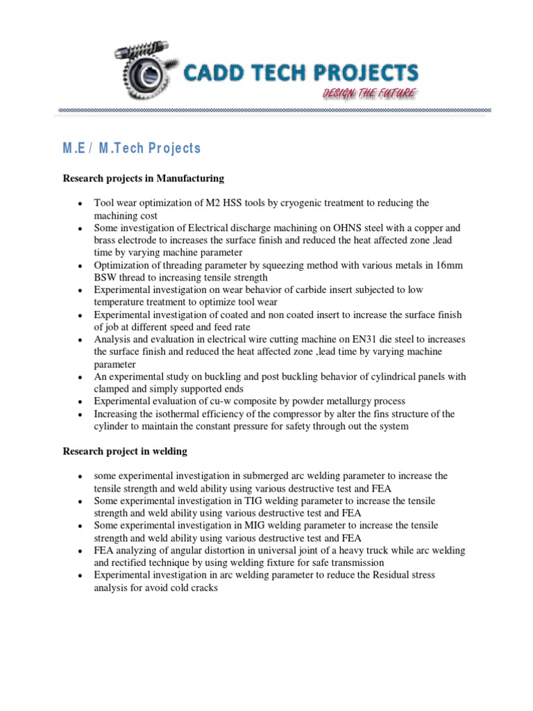 M.E / M.Tech Projects: Research Projects in Manufacturing | PDF ...