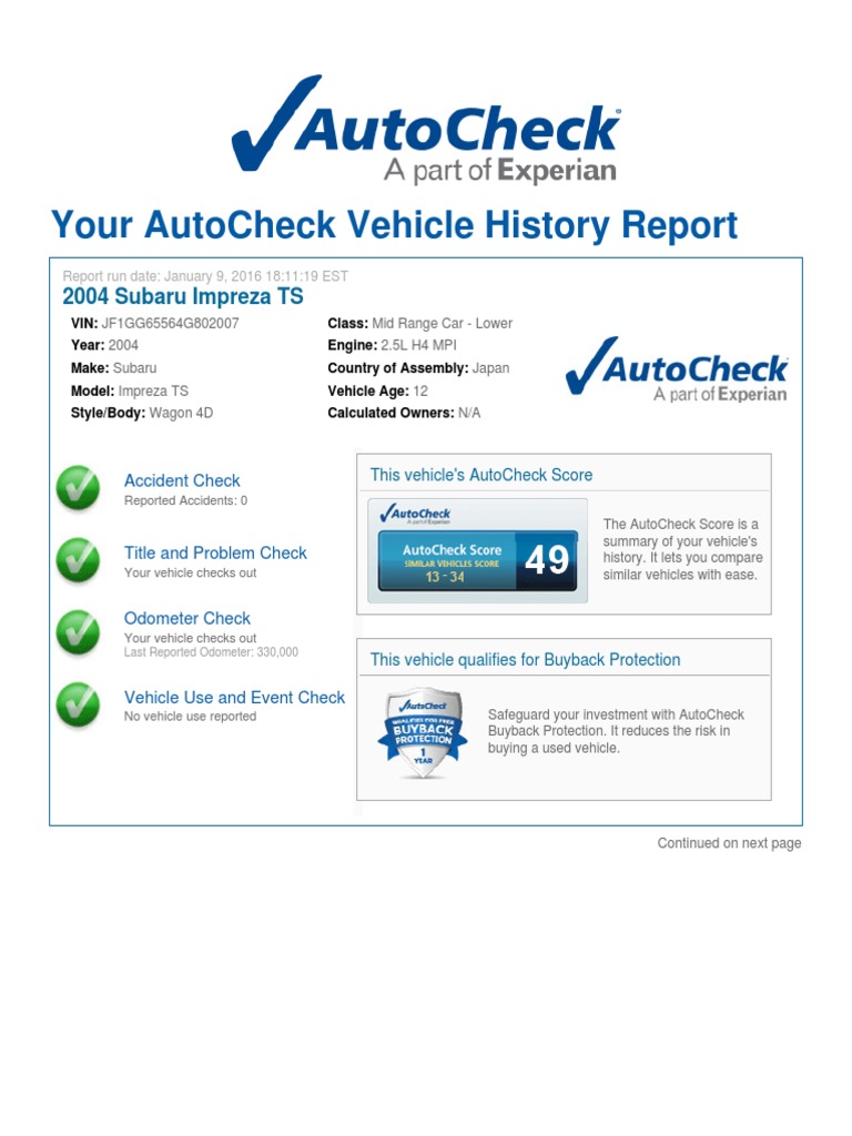 Your Autocheck Vehicle History Report: 2004 Subaru Impreza Ts | PDF ...