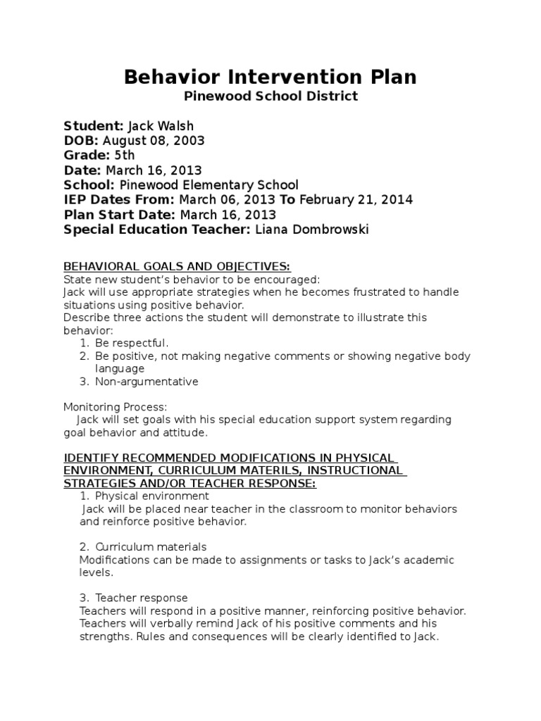 Behavior Intervention Plan for Jack Walsh | PDF