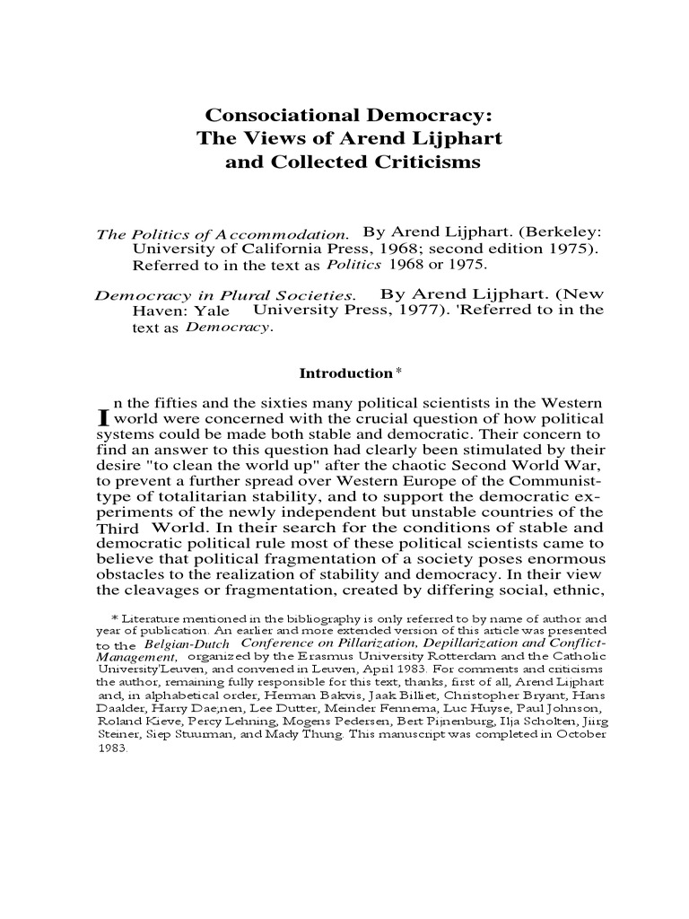 Lijphart's Consociational Democracy Analysis | PDF | Democracy ...