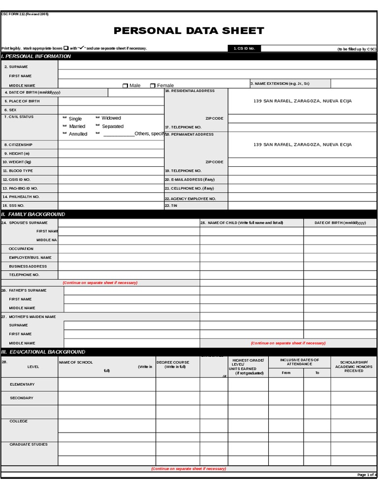 Personal Data Sheet: Single Married Annulled Widowed Separated Others ...