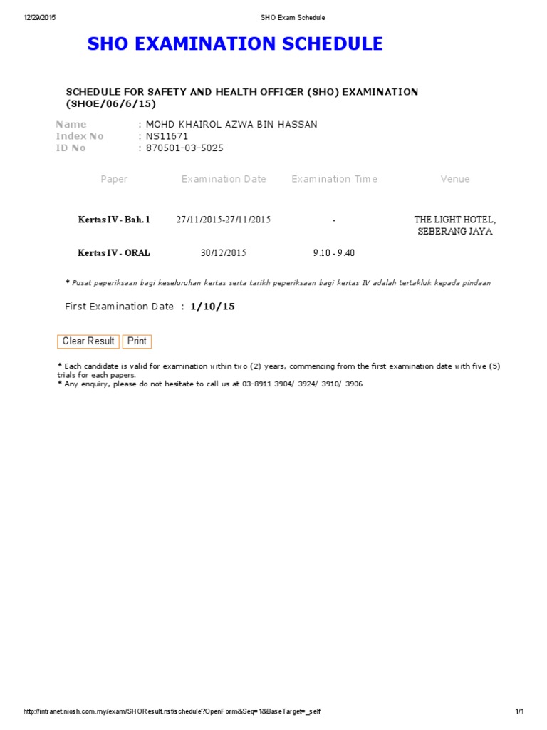 Niosh Sho Schedule | PDF
