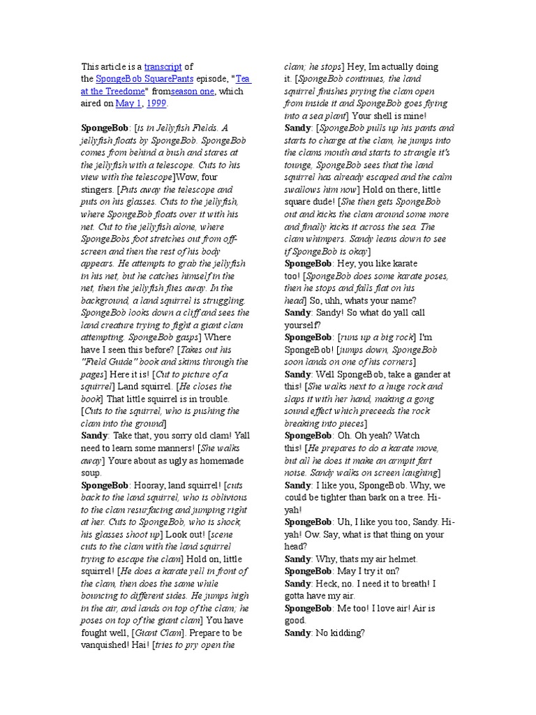 Transcript Spongebob Squarepants Tea at The Treedome Season One May 1 ...